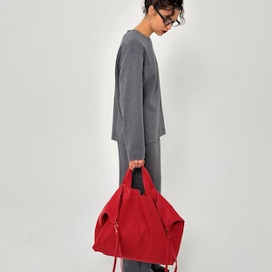Genuine Leather Red Oversize Tote Shopper Triple Handle Big Bag ...