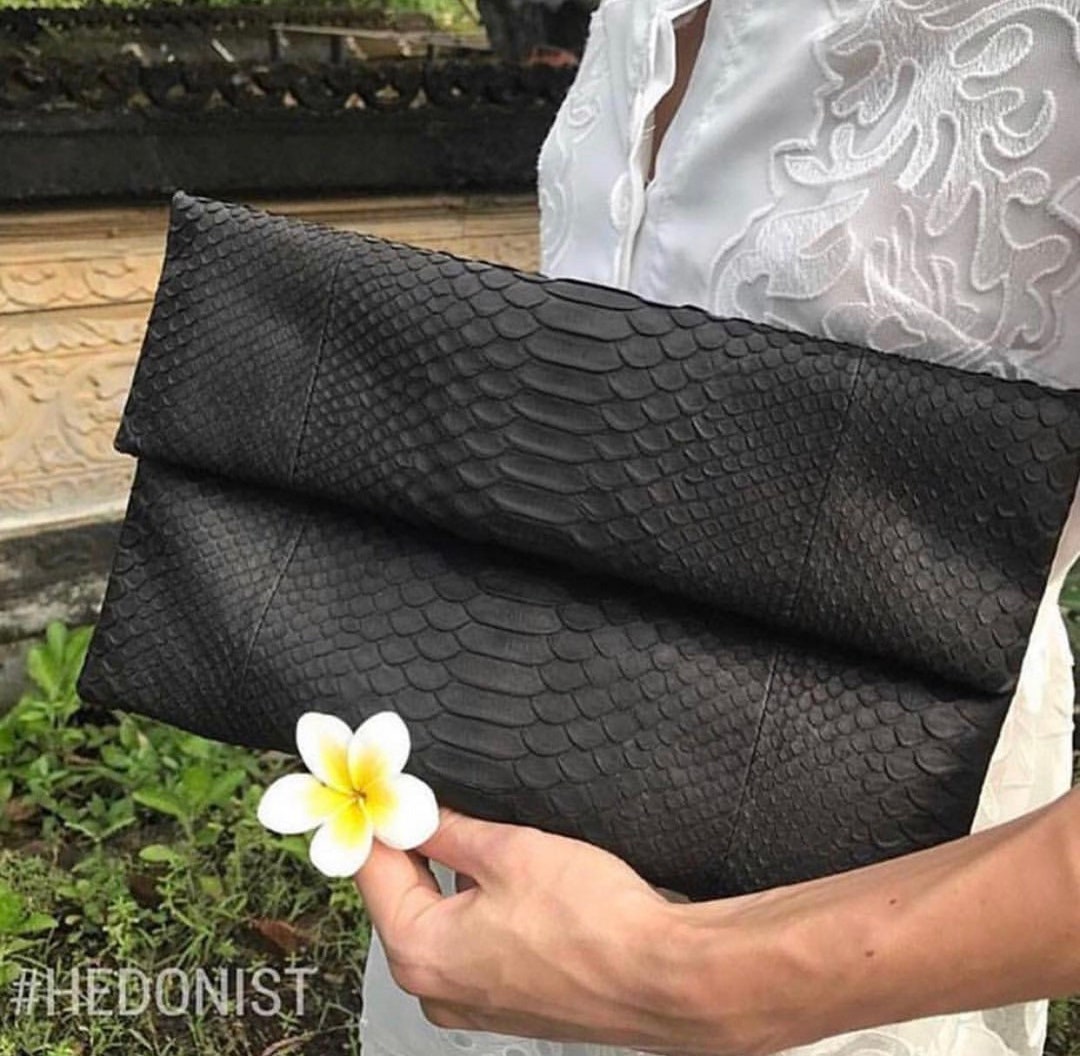 Black Leather Envelope Clutch | Foldover Genuine Python Skin Woman ...