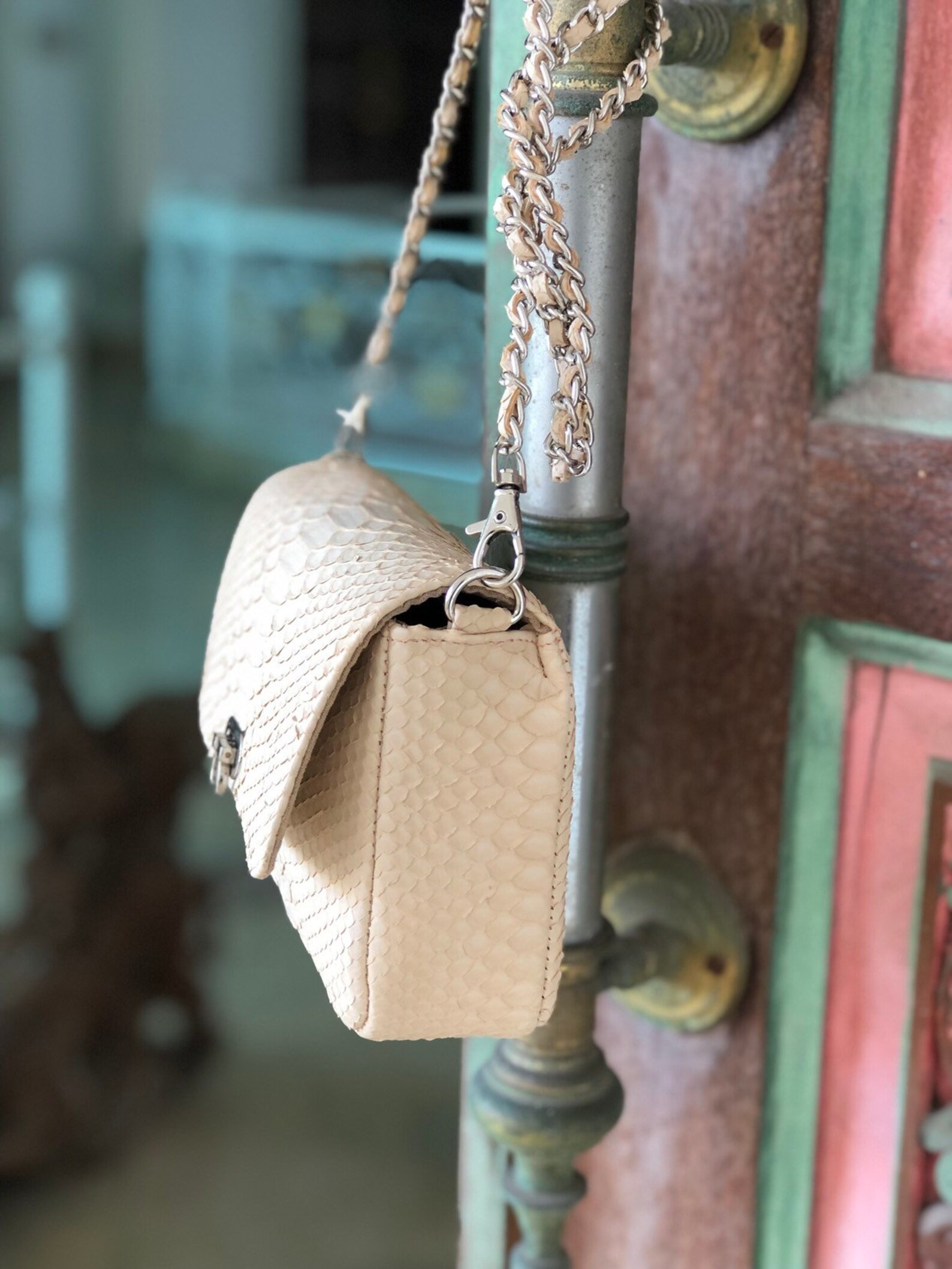 Genuine Python Skin Cream Color Crossbody Detachable Chain Handbag Mini ...