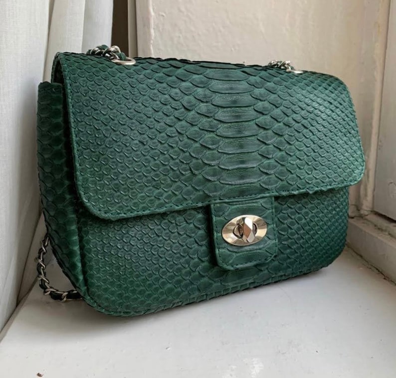 Dark Green Genuine Python Skin Crossbody Chain Bag Bright Summer Bag ...