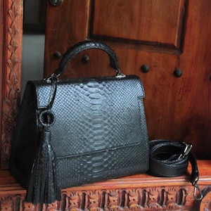 Top Handle Black Classy Genuine Python Skin Big Bag | Exotic Leather ...