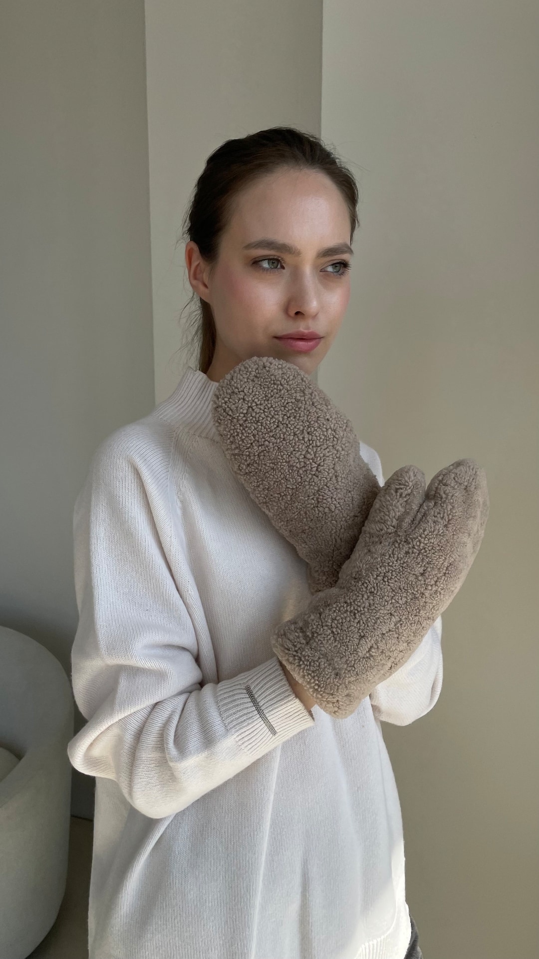 Genuine Shearling Mittens Dark Beige Colour/ Real Fur Mittens /women ...