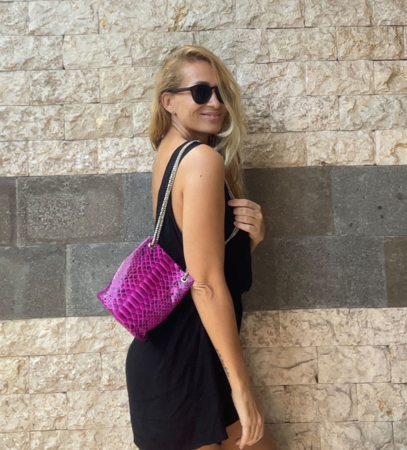 Genuine Python Skin Bucket Fuchsia Chain Bag / Designer Women Purse ...