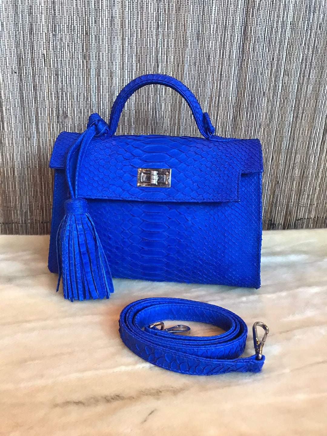 Top Handle Bright Blue Classy Genuine Python Skin Bag | Exotic Leather ...
