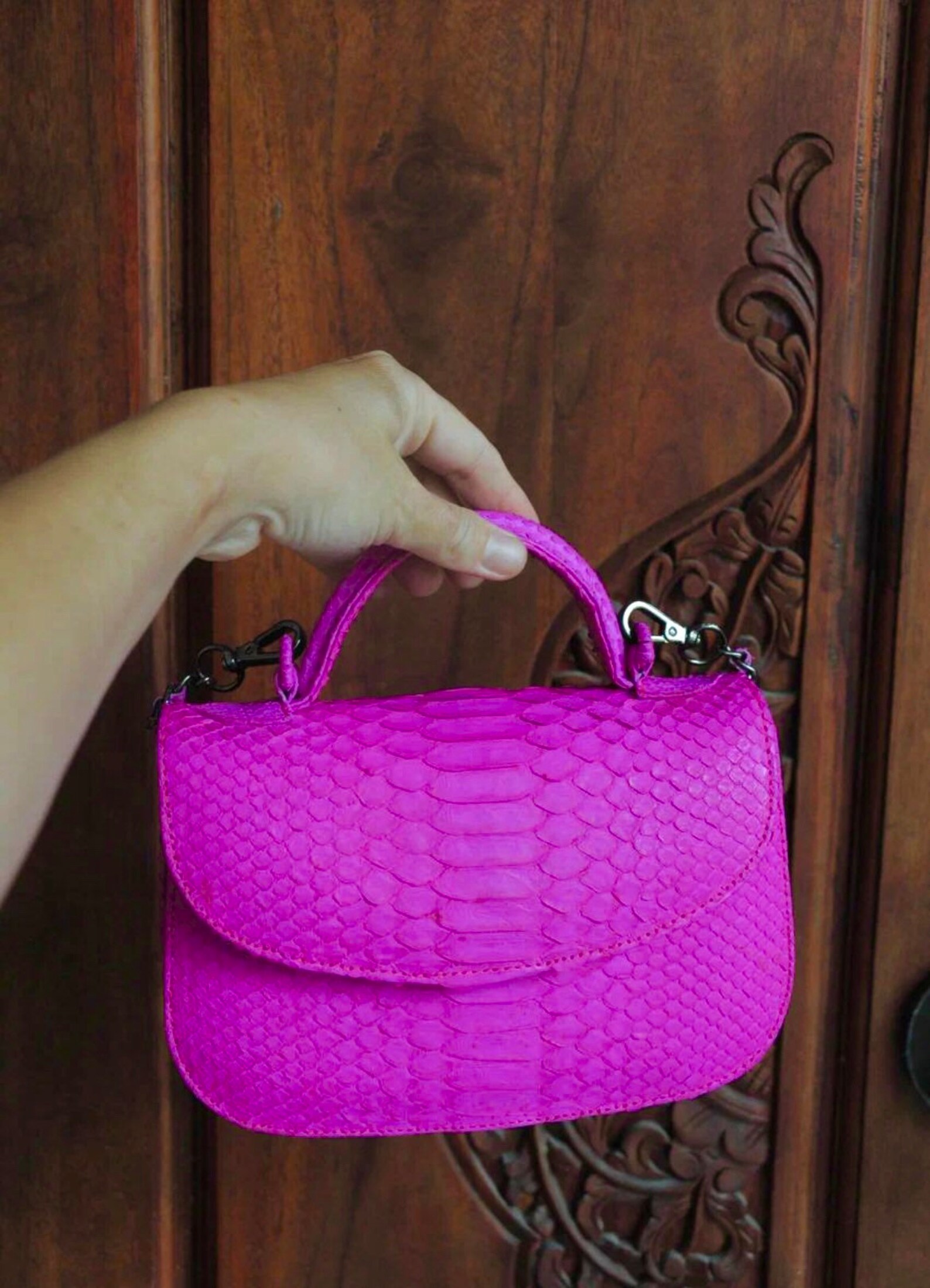 Genuine Python Skin Top Handle Hot Pink Crossbody Bag | Exotic Leather ...