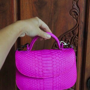 Genuine Python Skin Top Handle Hot Pink Crossbody Bag | Exotic Leather ...