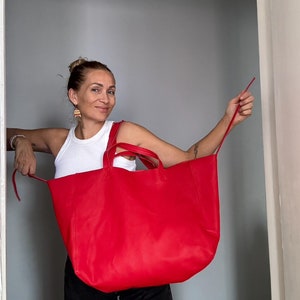 Genuine Leather Red Oversize Tote Shopper Triple Handle Big Bag ...