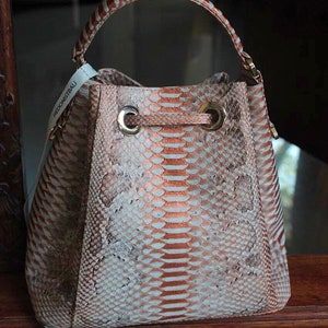 Genuine Python Skin Peachy Gold Bucket Crosshandle Bag Designer Women ...