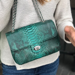 Genuine Python Skin Green Color Shiny Chain Bag | Shoulder Bag ...