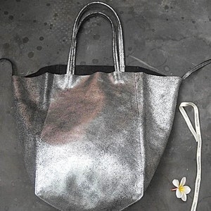 Genuine Leather Silver Tote Shopper Big Bag / Everyday Purse / Handmade ...