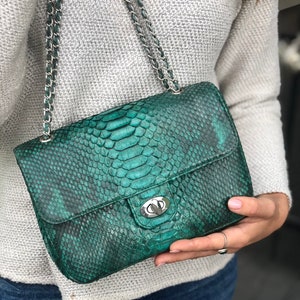 Genuine Python Skin Green Color Shiny Chain Bag | Shoulder Bag ...