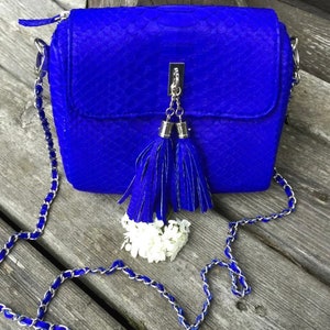 Genuine Python Skin Crossbody Bag | Chain Tassel Electric Blue Bag ...