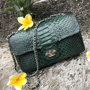 Genuine Python Skin Green Color Shiny Chain Bag | Shoulder Bag ...
