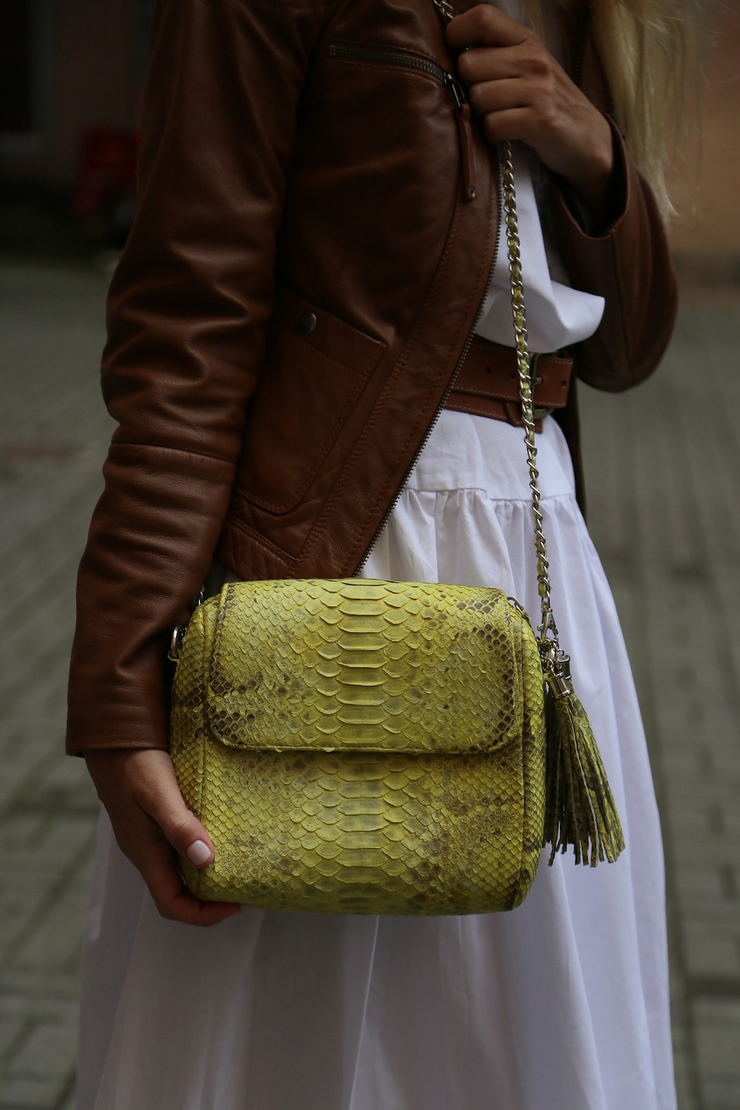 Genuine Python Skin Crossbody Chain Yellow Snake Print Tassel Bag ...