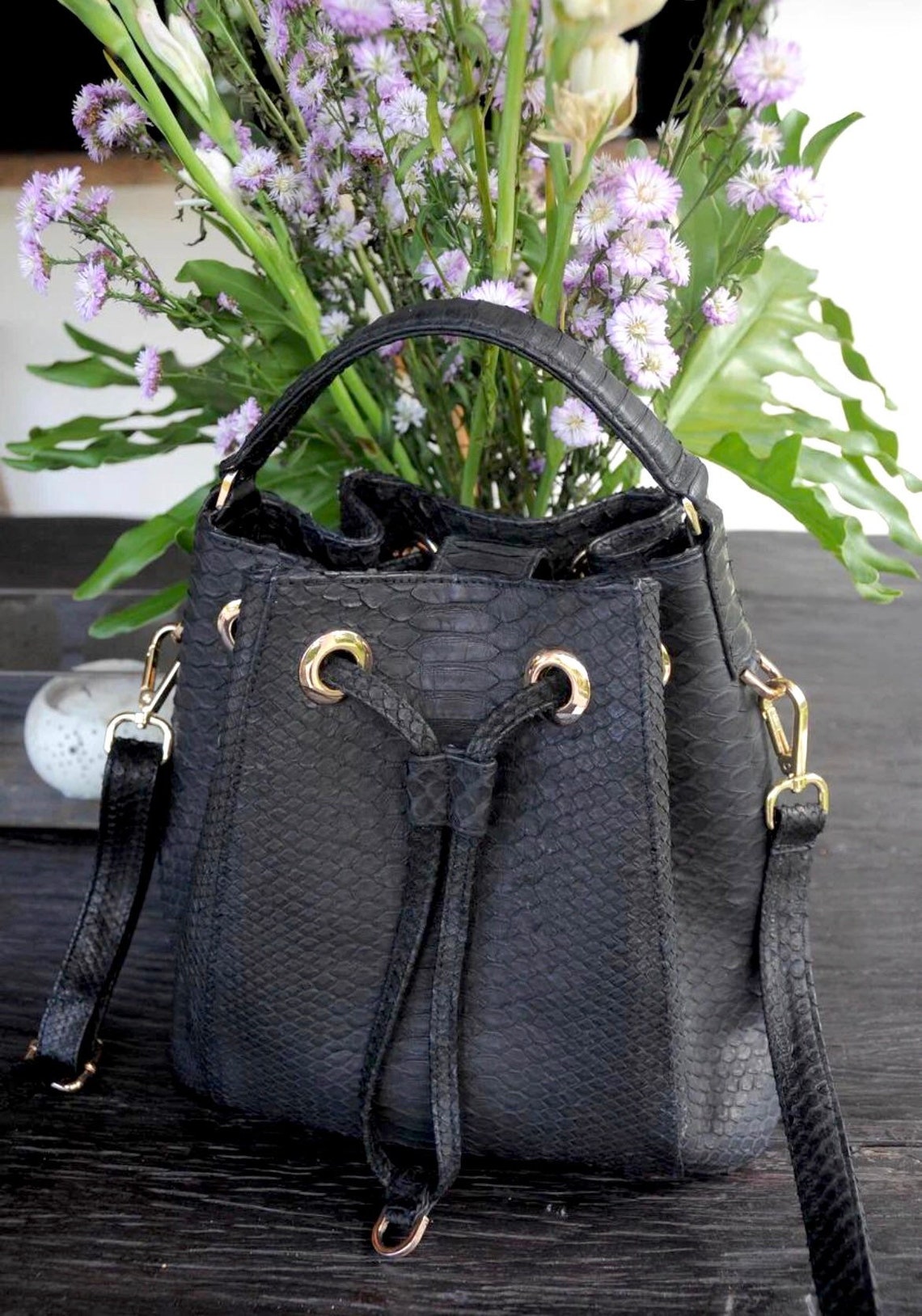 Genuine Python Skin Black Bucket Crosshandle Bag | Designer Women Purse ...