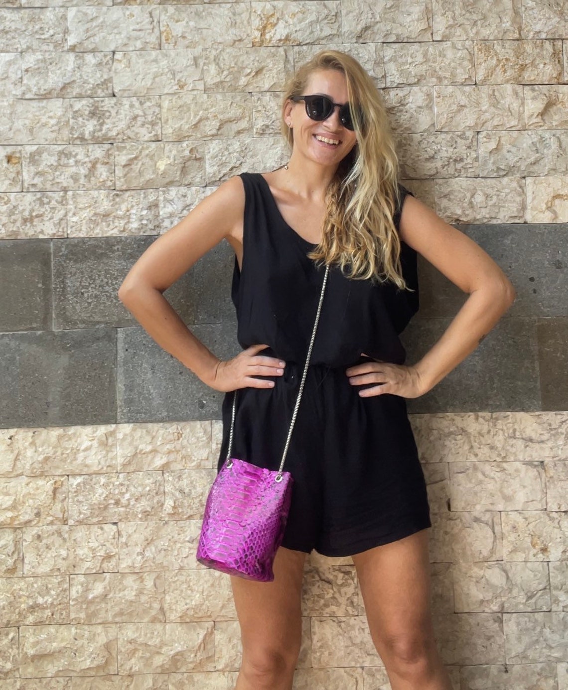 Genuine Python Skin Bucket Fuchsia Chain Bag / Designer Women Purse ...