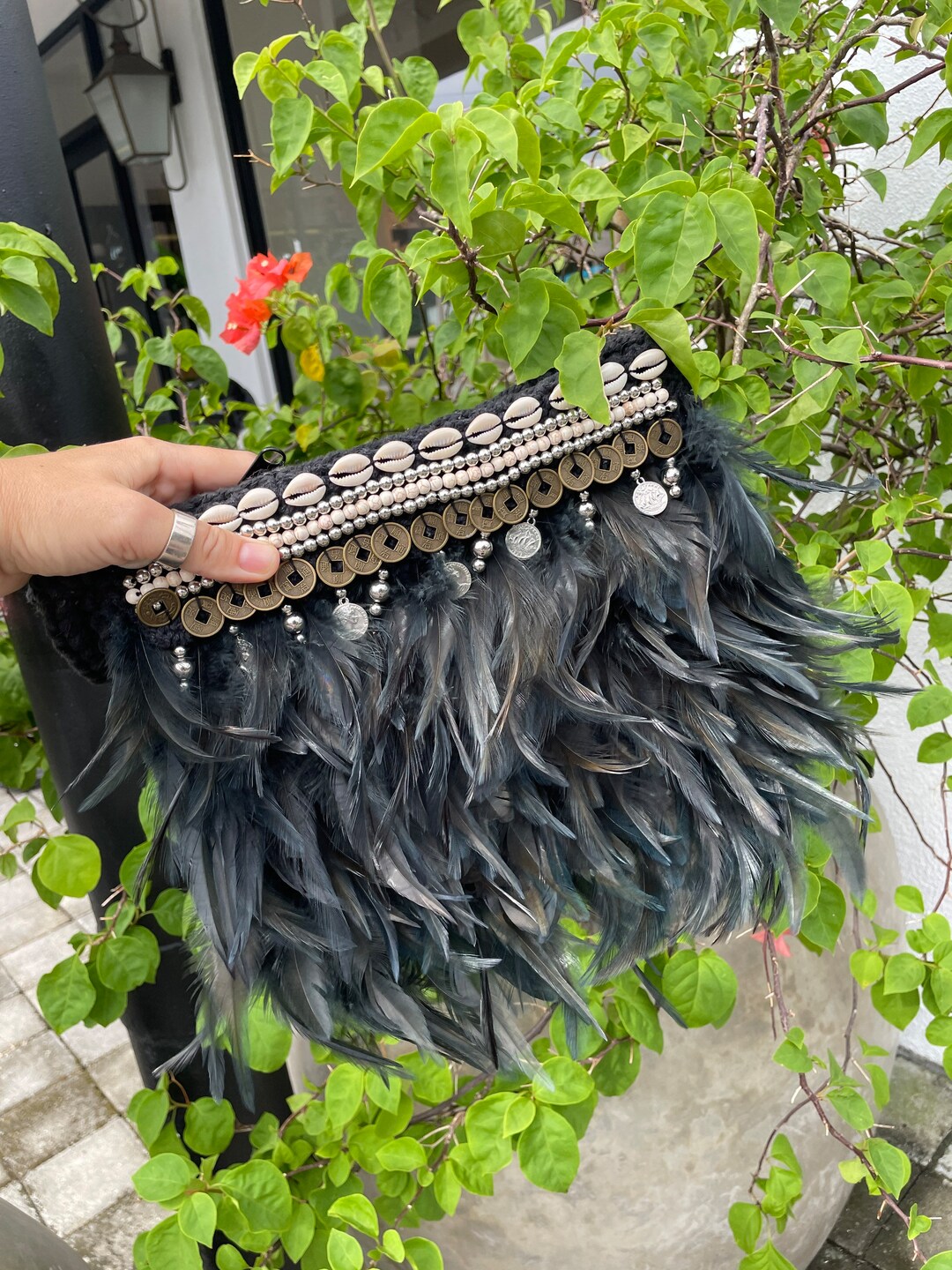 Bohemian Macrame Crochet Feather Black Handmade Clutch / Coachella Bag ...