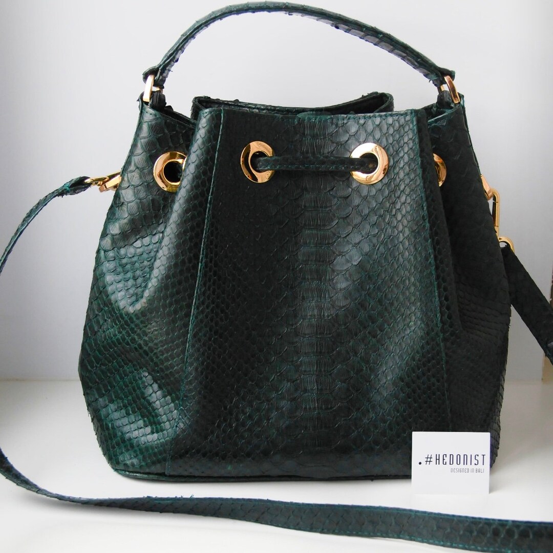 Genuine Python Skin Dark Green Bucket Crosshandle Bag/ Designer Women ...