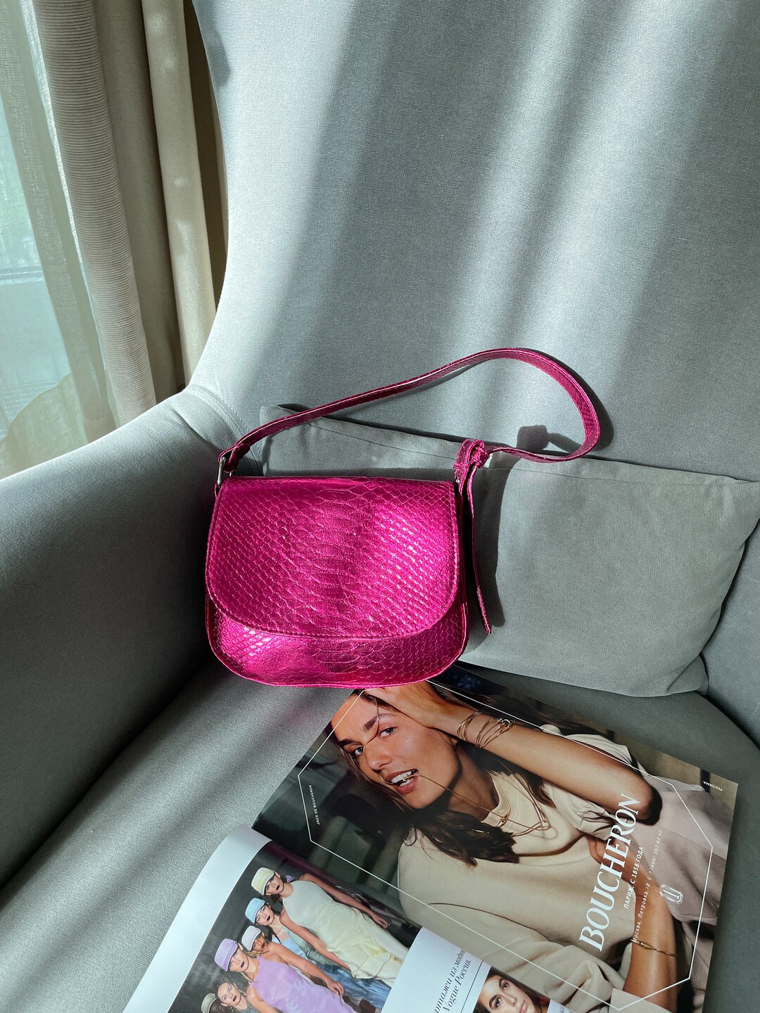 Genuine Python Skin Small Top Handle Shoulder Pink Foil Bag | Hot Pink ...
