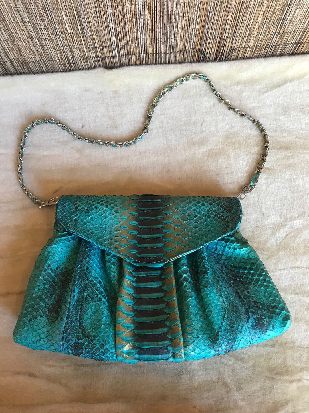 Genuine Python Skin Shoulder Chain Bag | Big Blue Clutch | Exotic ...