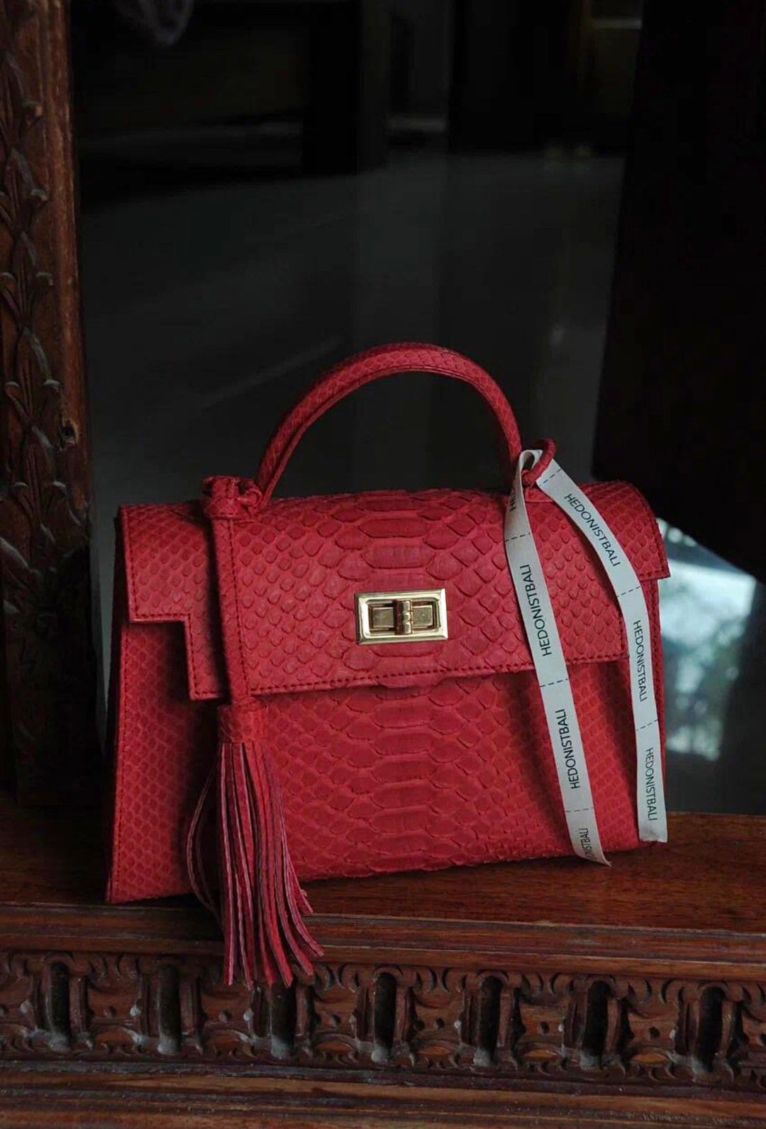 Top Handle Red Classy IDA Genuine Python Skin Bag Exotic Leather Bags ...