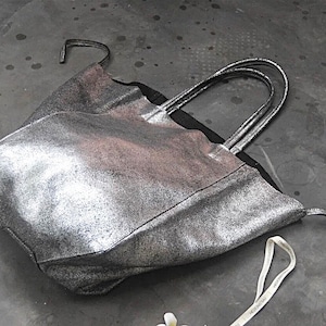 Genuine Leather Silver Tote Shopper Big Bag / Everyday Purse / Handmade ...