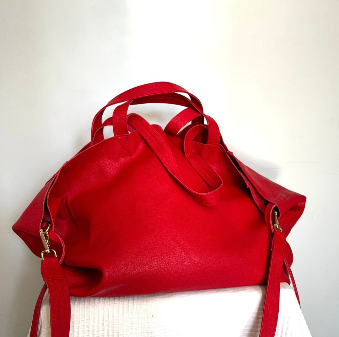 Genuine Leather Red Oversize Tote Shopper Triple Handle Big Bag ...
