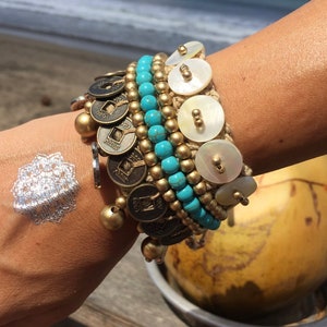 Boho Hippie Coachella Pearl Chinese Coin Bracelet Macrame Crochet Tie ...