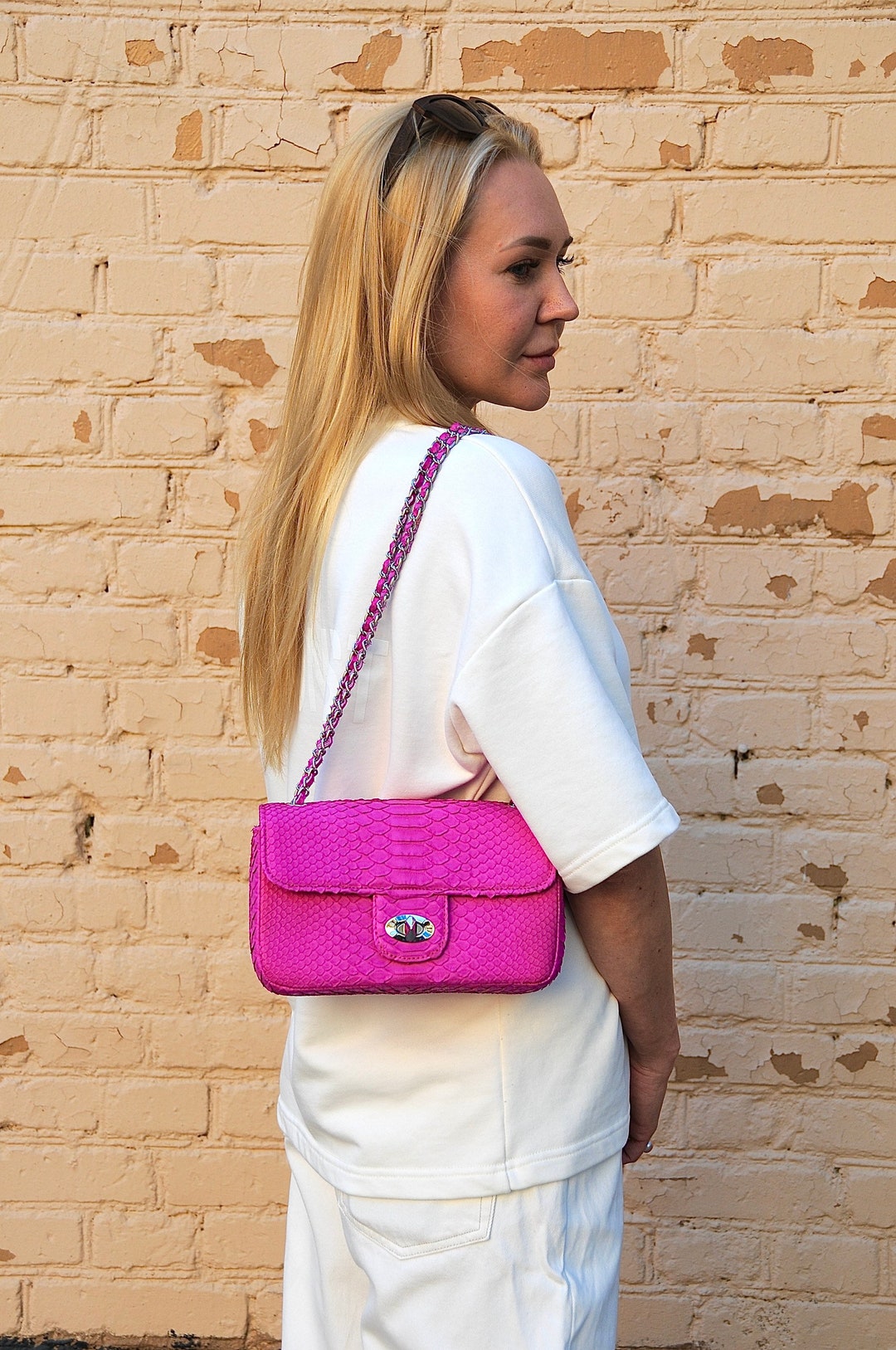 Genuine Python Skin Midi Crossbody Bag Fuchsia Colour, Summer Bright ...