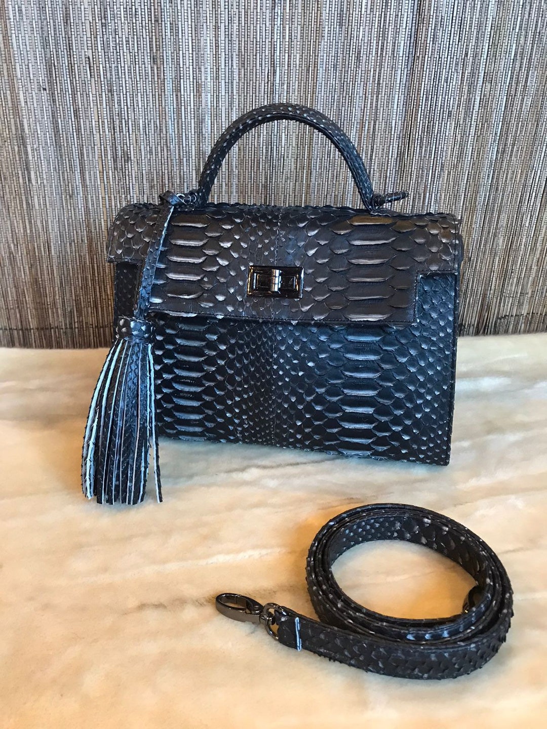 Top Handle Black W White Classy Genuine Python Skin Bag | Exotic ...