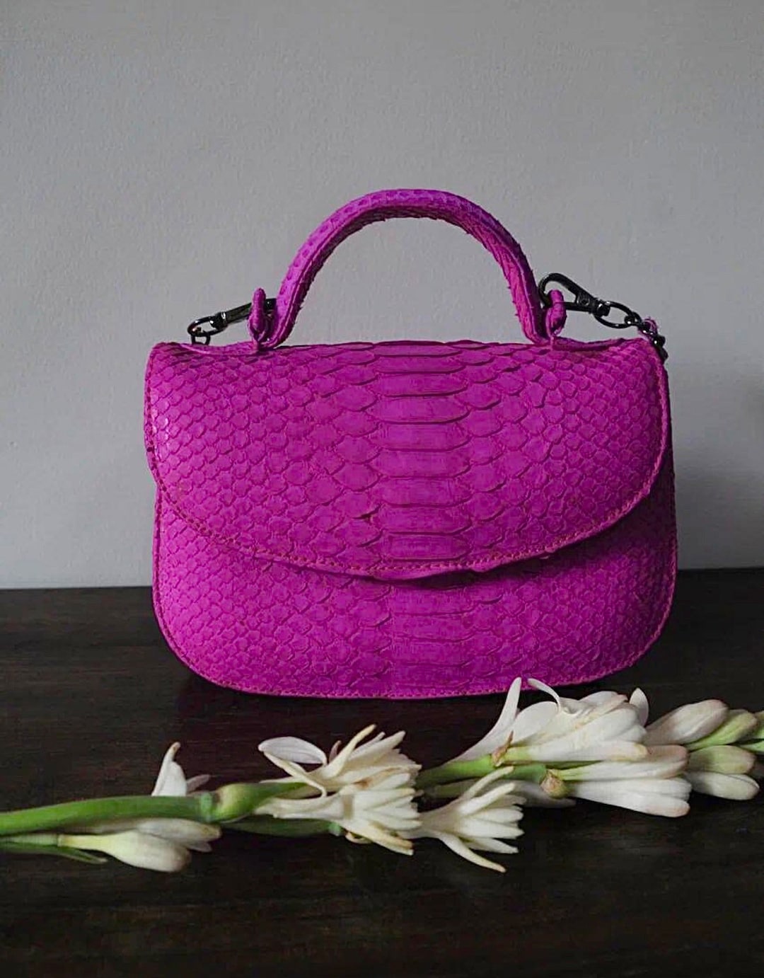 Genuine Python Skin Top Handle Hot Pink Crossbody Bag | Exotic Leather ...
