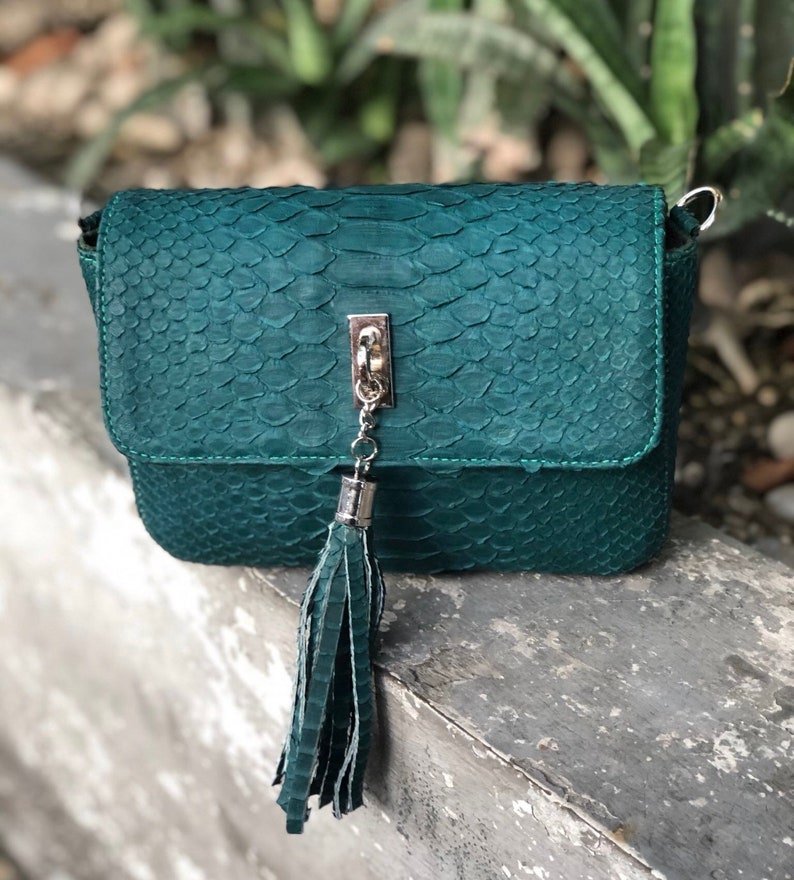 Dark Green Genuine Python Skin Tassel Bag Green Chain - Etsy