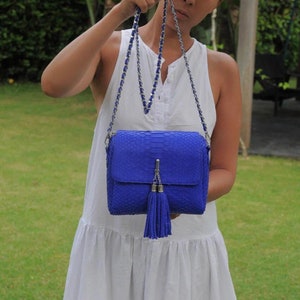 Genuine Python Skin Crossbody Bag | Chain Tassel Electric Blue Bag ...