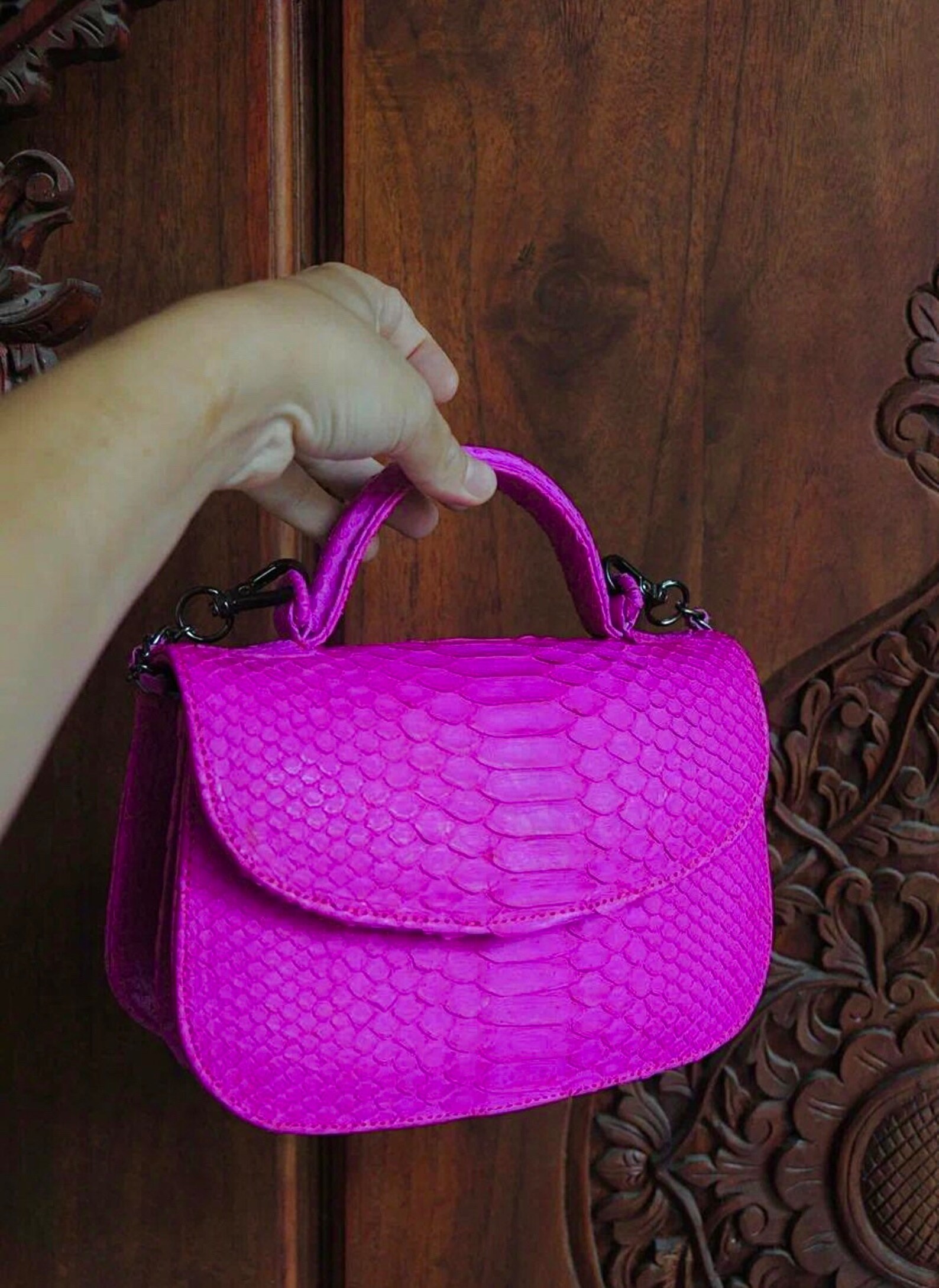 Genuine Python Skin Top Handle Hot Pink Crossbody Bag Exotic Leather ...