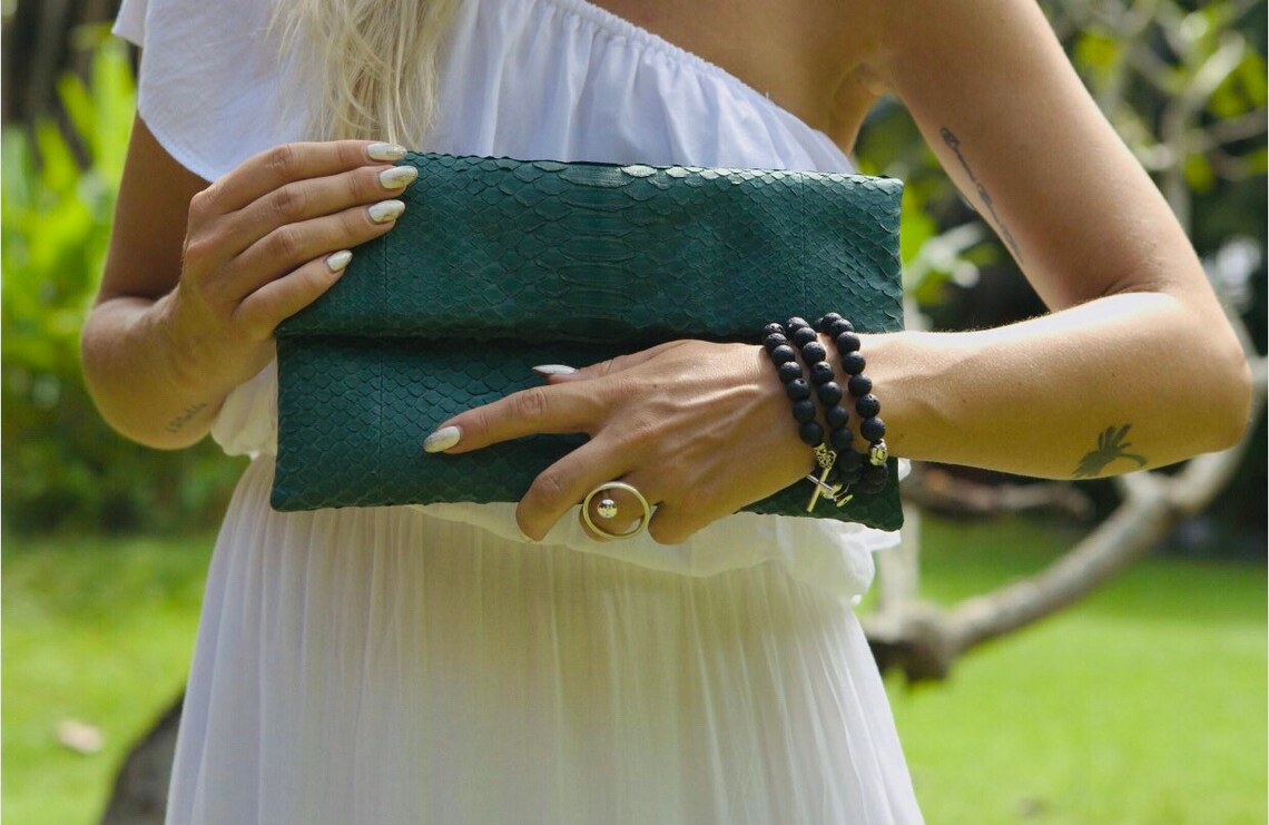 Genuine Python Skin Dark Green Envelope Clutch | Classy Elegant Leather Bag | Exotic Skin Bag ...