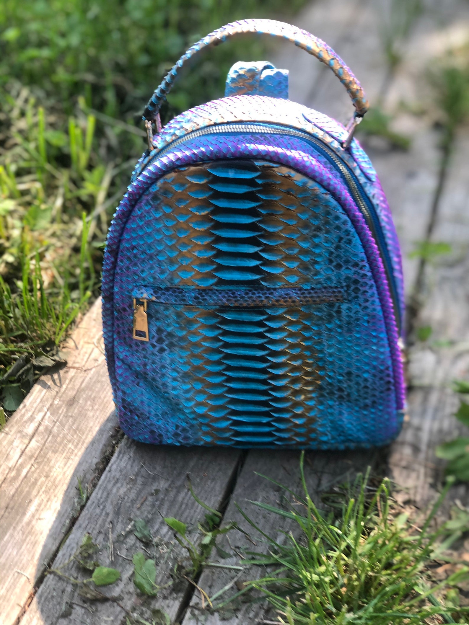 Genuine Python Skin Blue Shiny Backpack | Exotic Leather Bags | Women ...