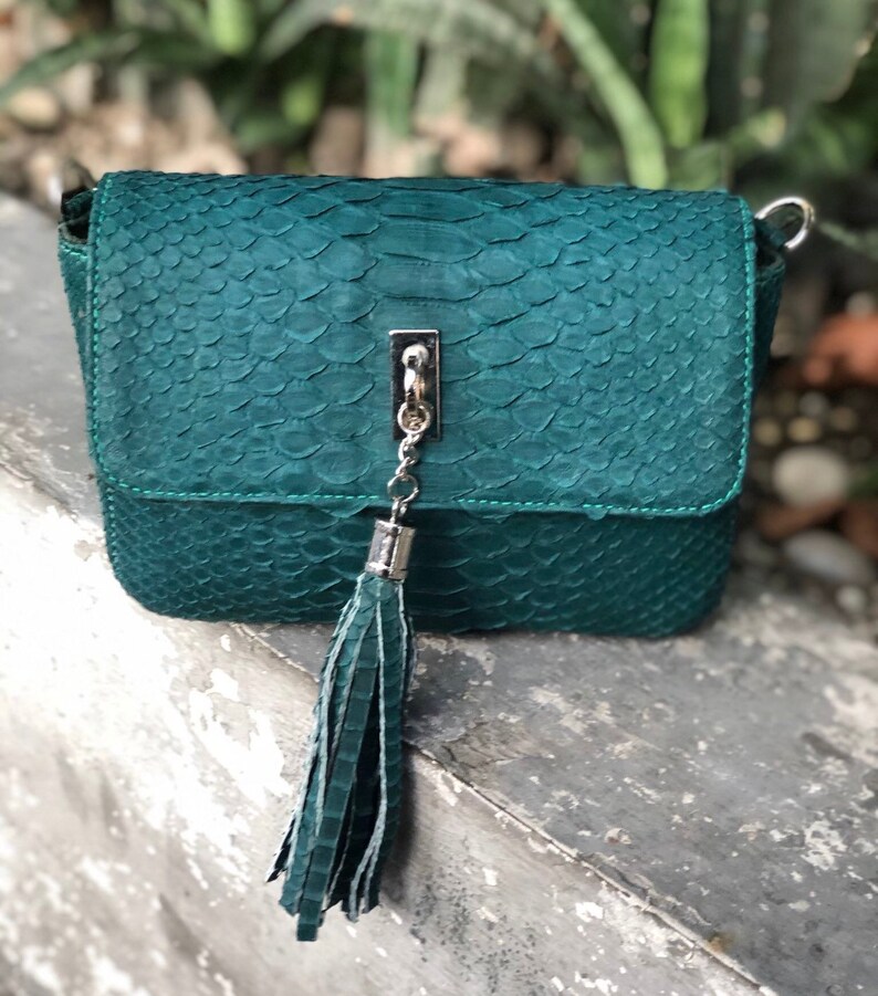 Dark Green Genuine Python Skin Tassel Bag Green Chain - Etsy