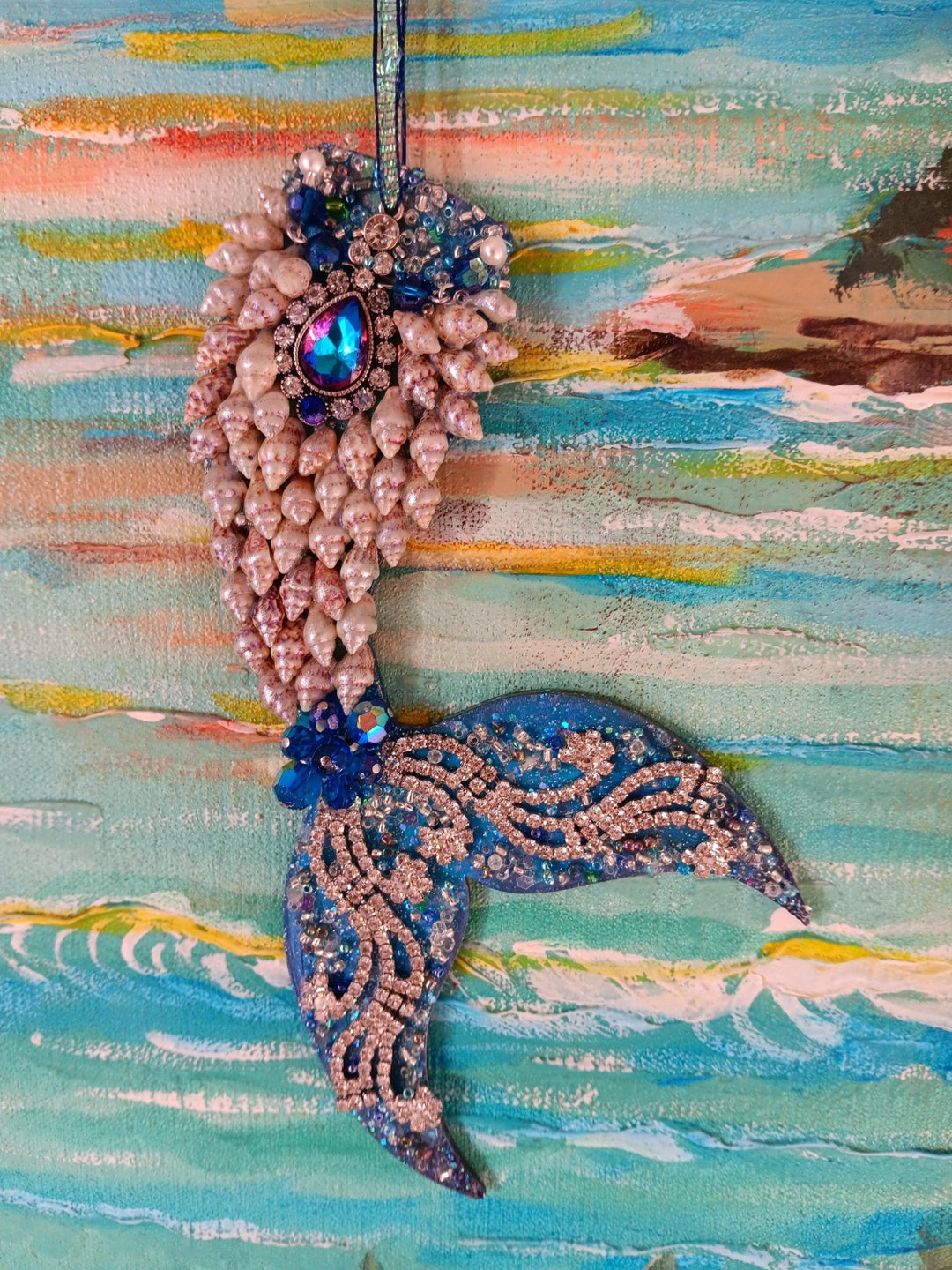 Blue Jeweled Mermaid, Seashell Decor, Mermaid Wall Hanging, Mermaid ...