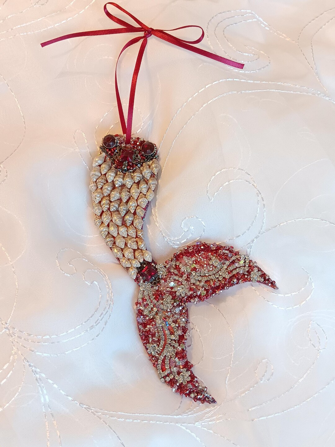 Mermaid Tail Seashell Ornament: Red Poinsettia Jeweled Coastal Mermaid ...
