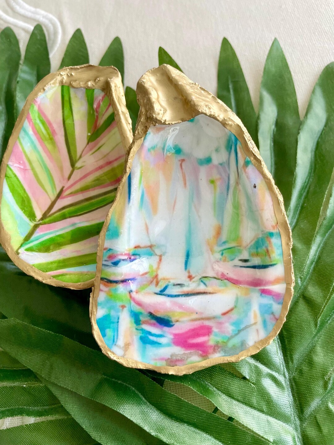 Golden Decoupage Oyster - Oyster Decor, Coastal, Sailboat, Palm, Lilly ...