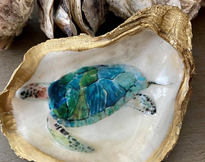 Decoupage Golden Oyster Shell - Sea Turtle - Etsy