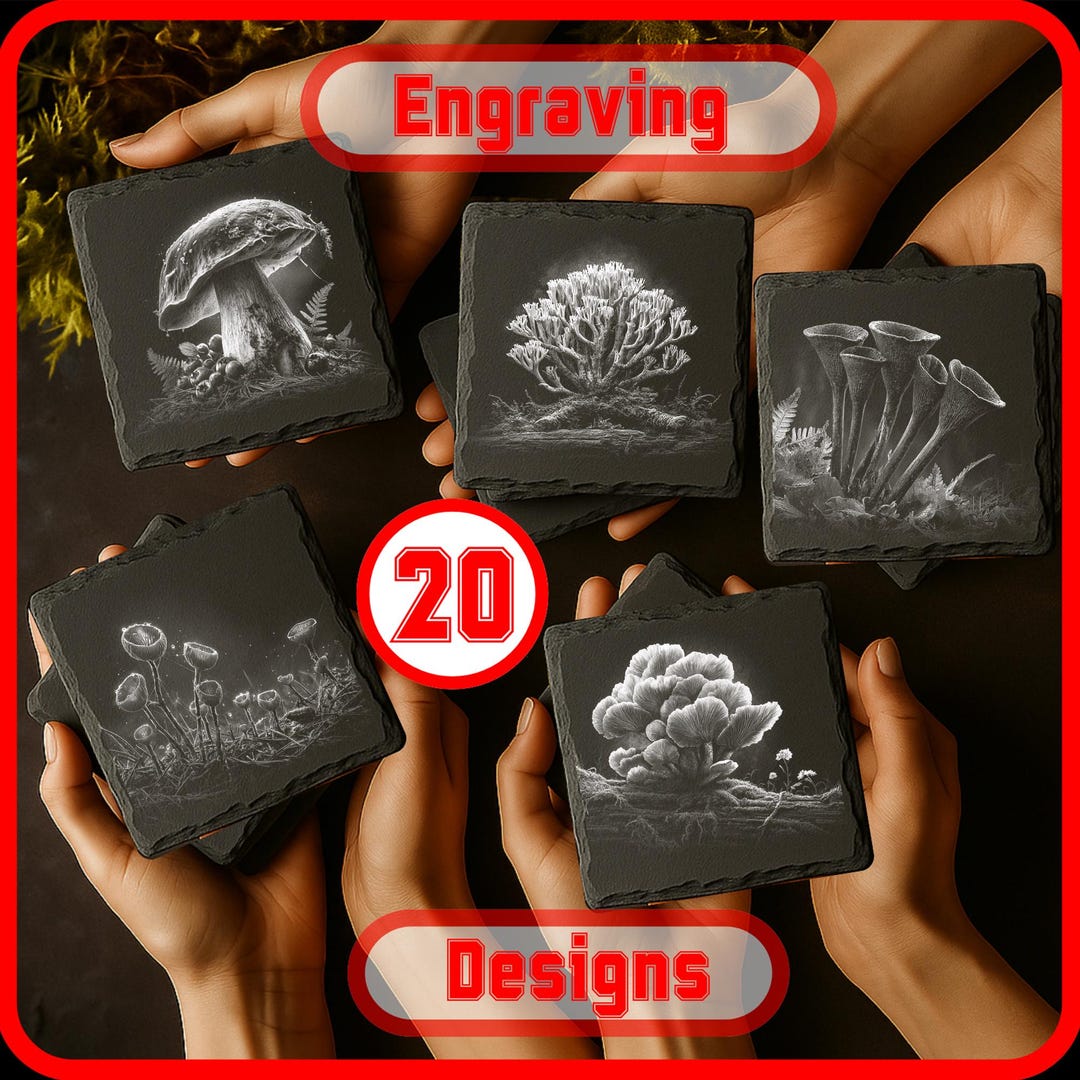 20 Detailed Fungi PNG Designs for Laser Engraving – Slate Coaster ...