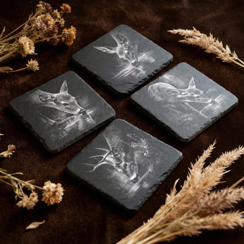 4 Whitetail Deer Drinking Laser PNG | Slate Coaster Engraving Files ...