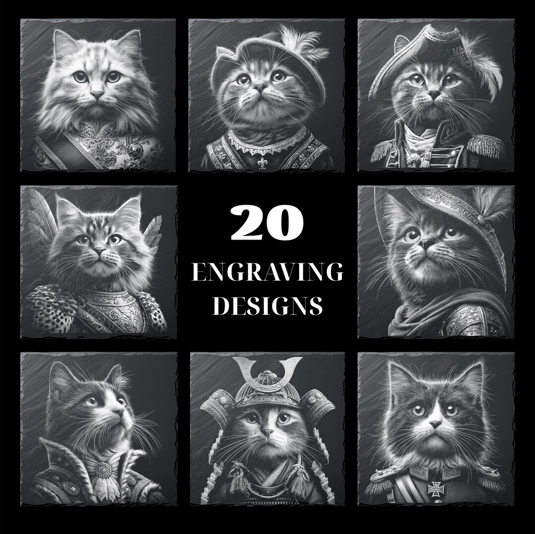 20 Royal Cat Engraving Designs Bundle | Laser PNG for Slate Coasters ...