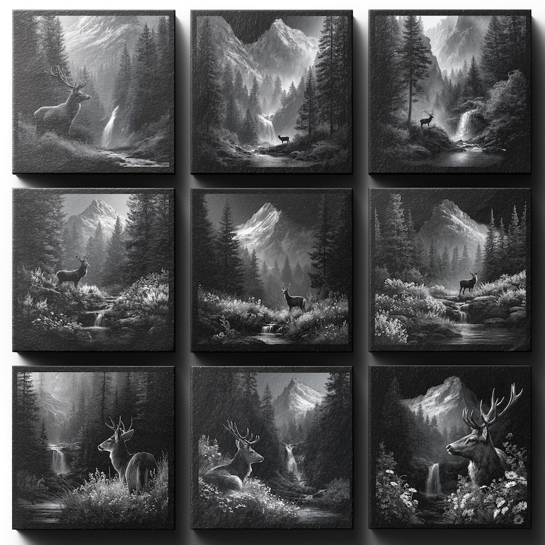10 Majestic Deer & Mountain Forest Engraving PNG Pack Bundle Digital ...