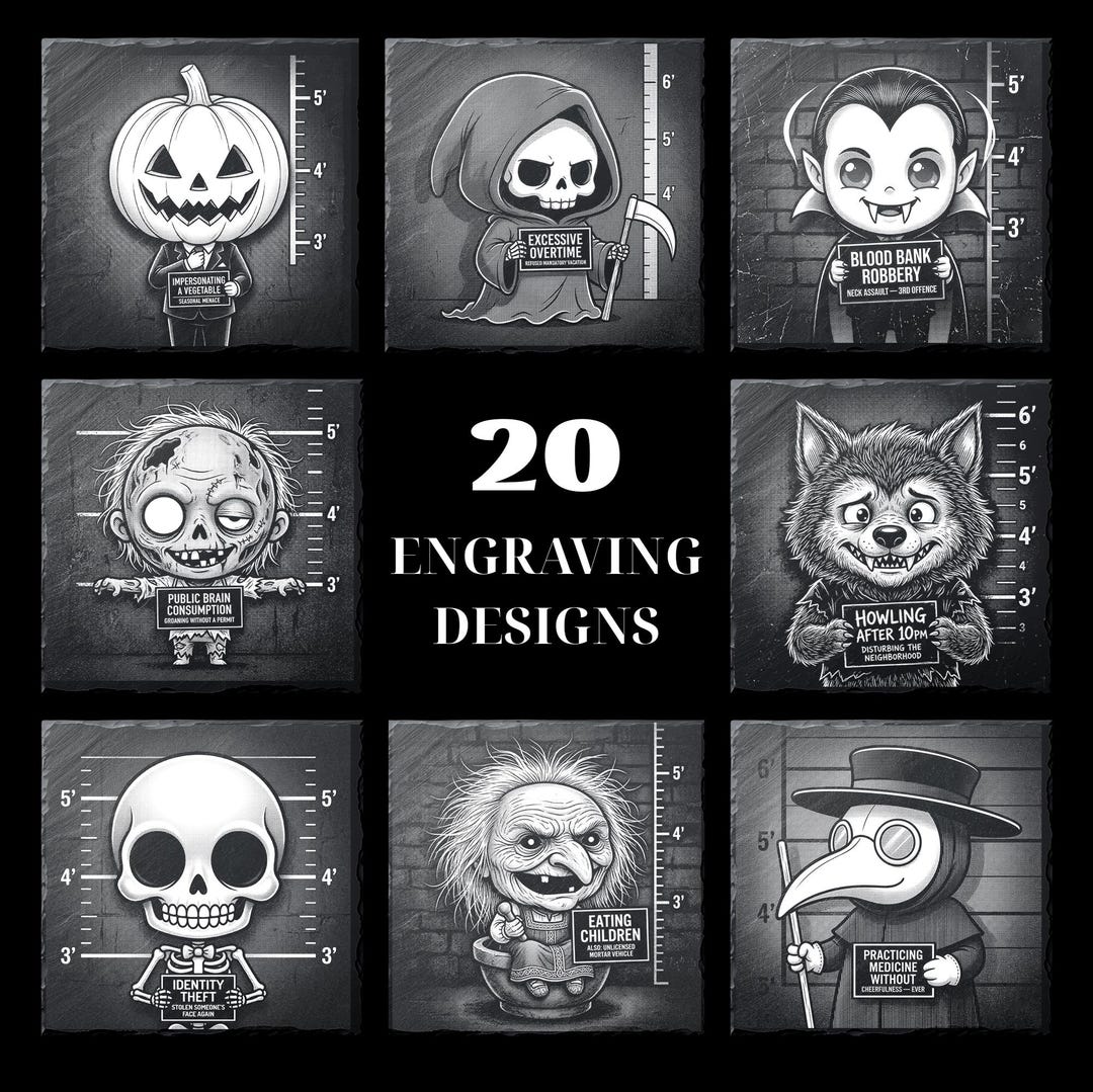 20 Spooky Mugshot Engraving Designs, Cute Monster Police Lineup PNG ...