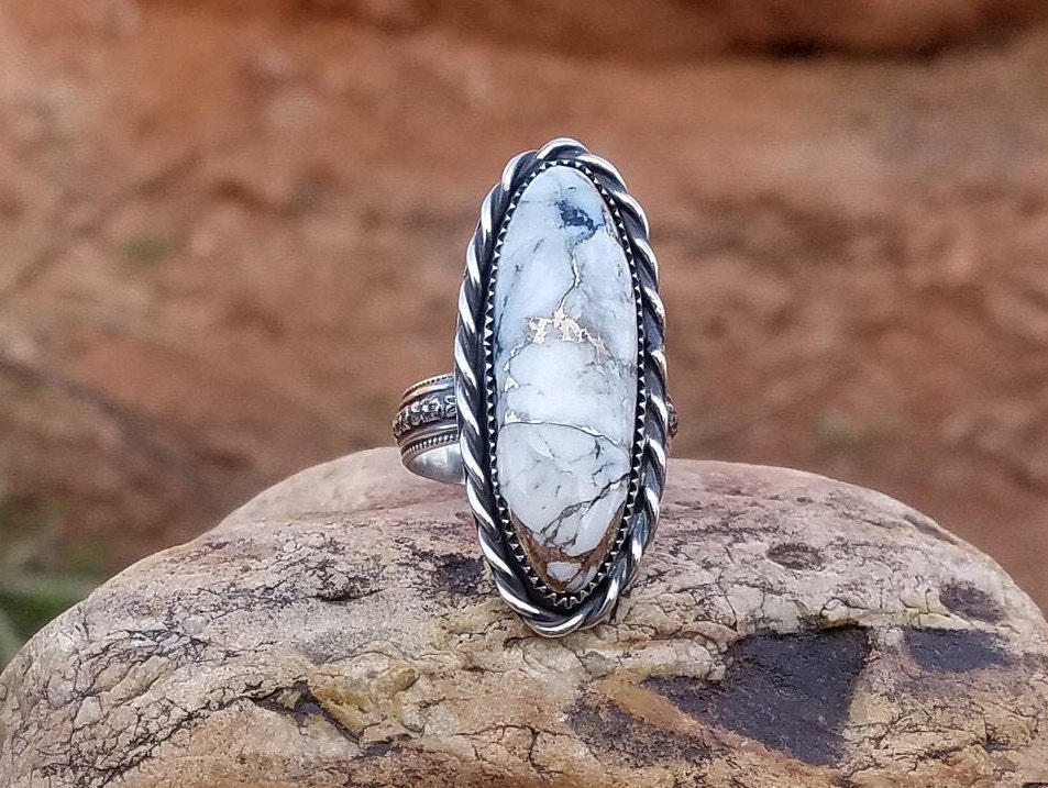 White Buffalo Turquoise Ring, Sterling Silver Ring, Kingman White ...