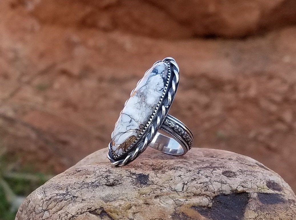 White Buffalo Turquoise Ring, Sterling Silver Ring, Kingman White ...