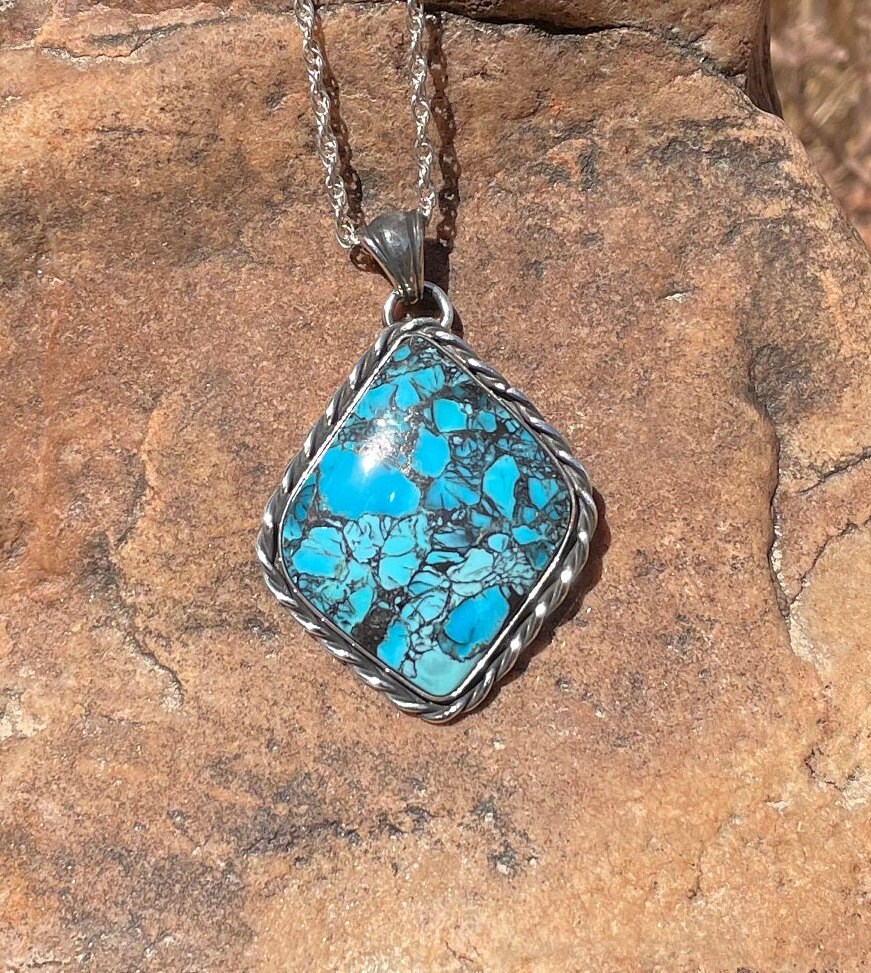 Kingman Turquoise Pendant, Sterling Silver Pendant, Mohave Blue ...