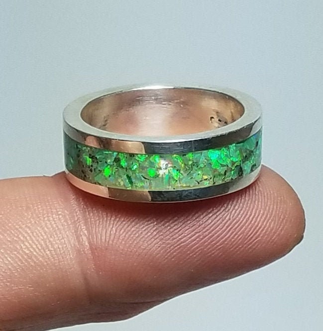 Opal Ring, Inlaid Green Opal Ring, Sterling Silver 8mm Ring